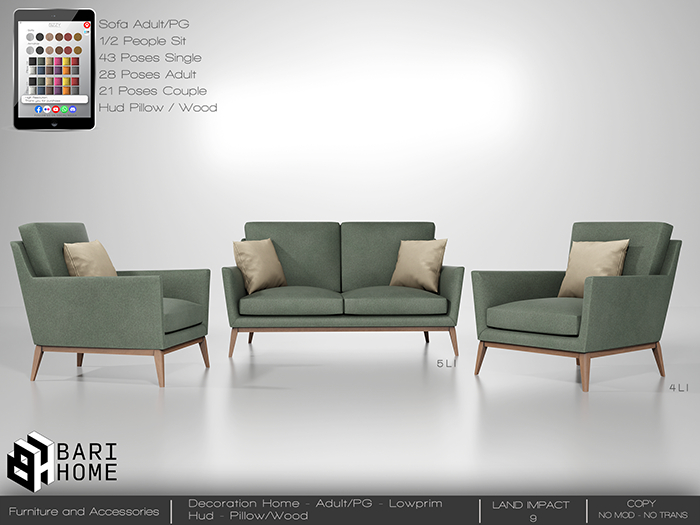 Second Life Marketplace - [BARI HOME] Varuna Set - Sofa Green